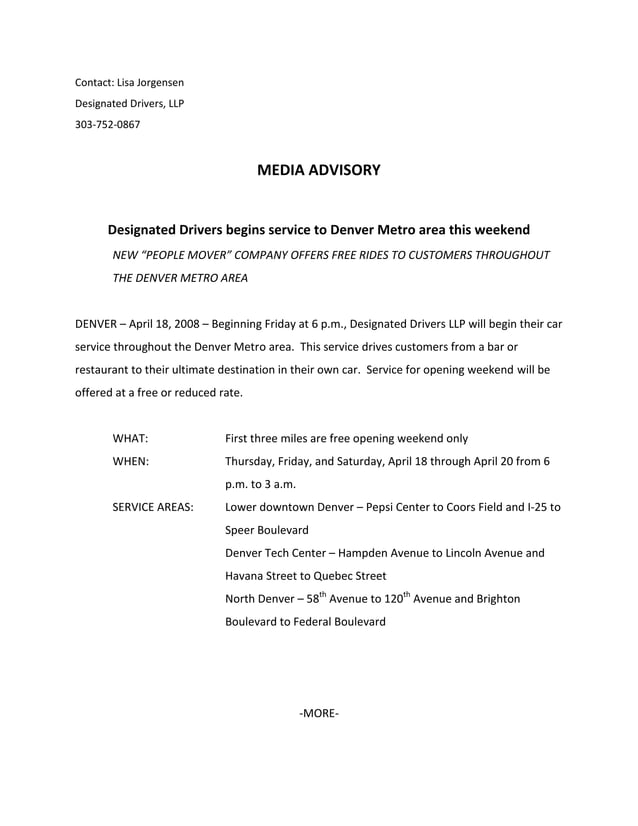 News Advisory Example - Designated Drivers | PDF