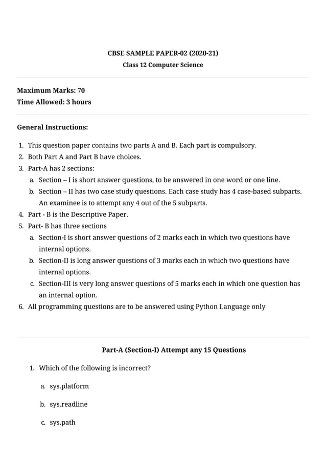 CBSE Class 12 Computer Science(083) Sample Question Paper 2020-21 | PDF