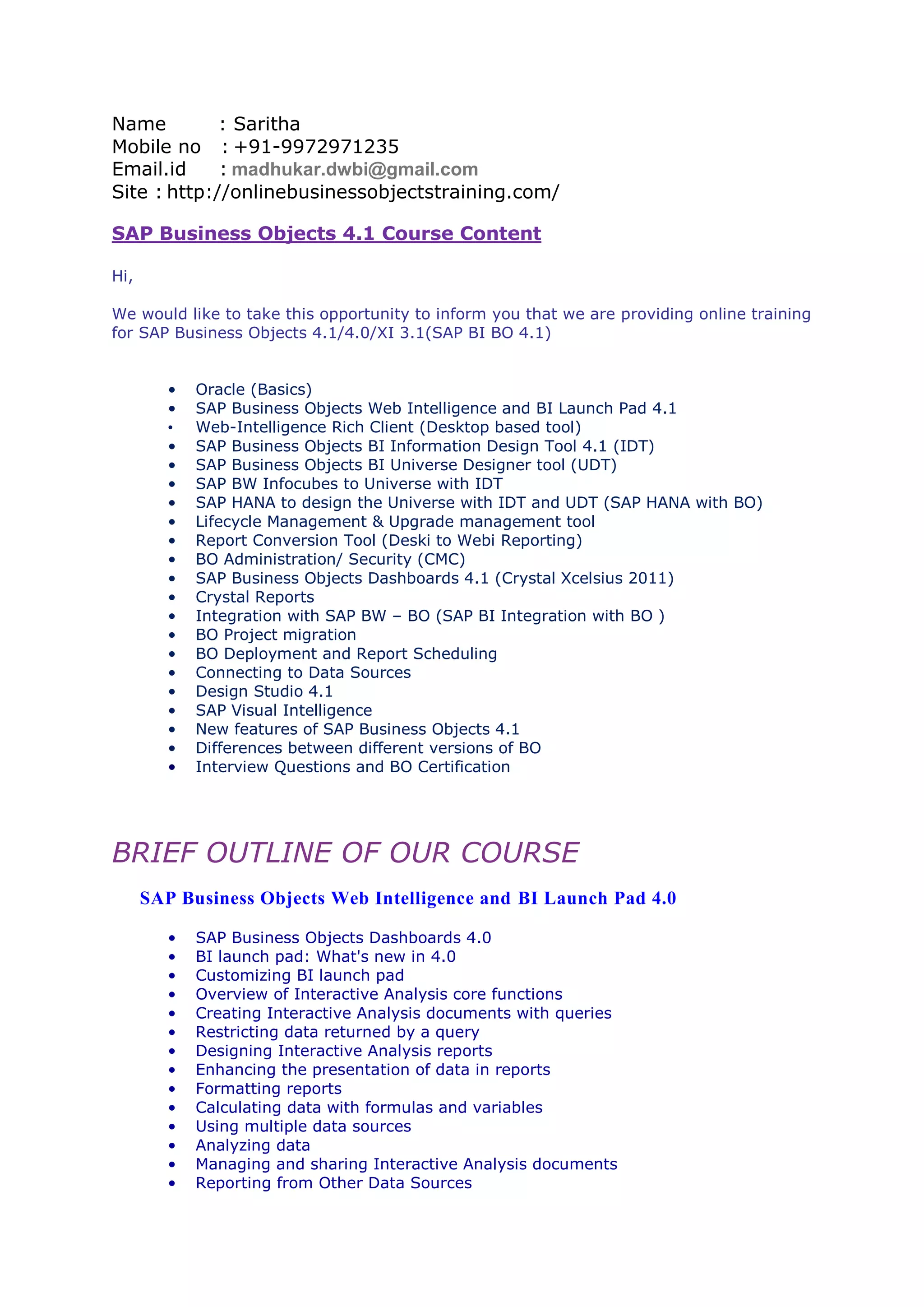 SAP BO ONLINE TRAINING | DOCX