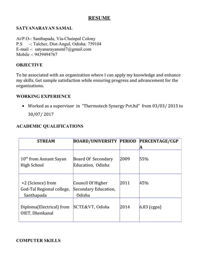 New satyanarayan samal | DOC | Resume Writing and Advice | Job Search