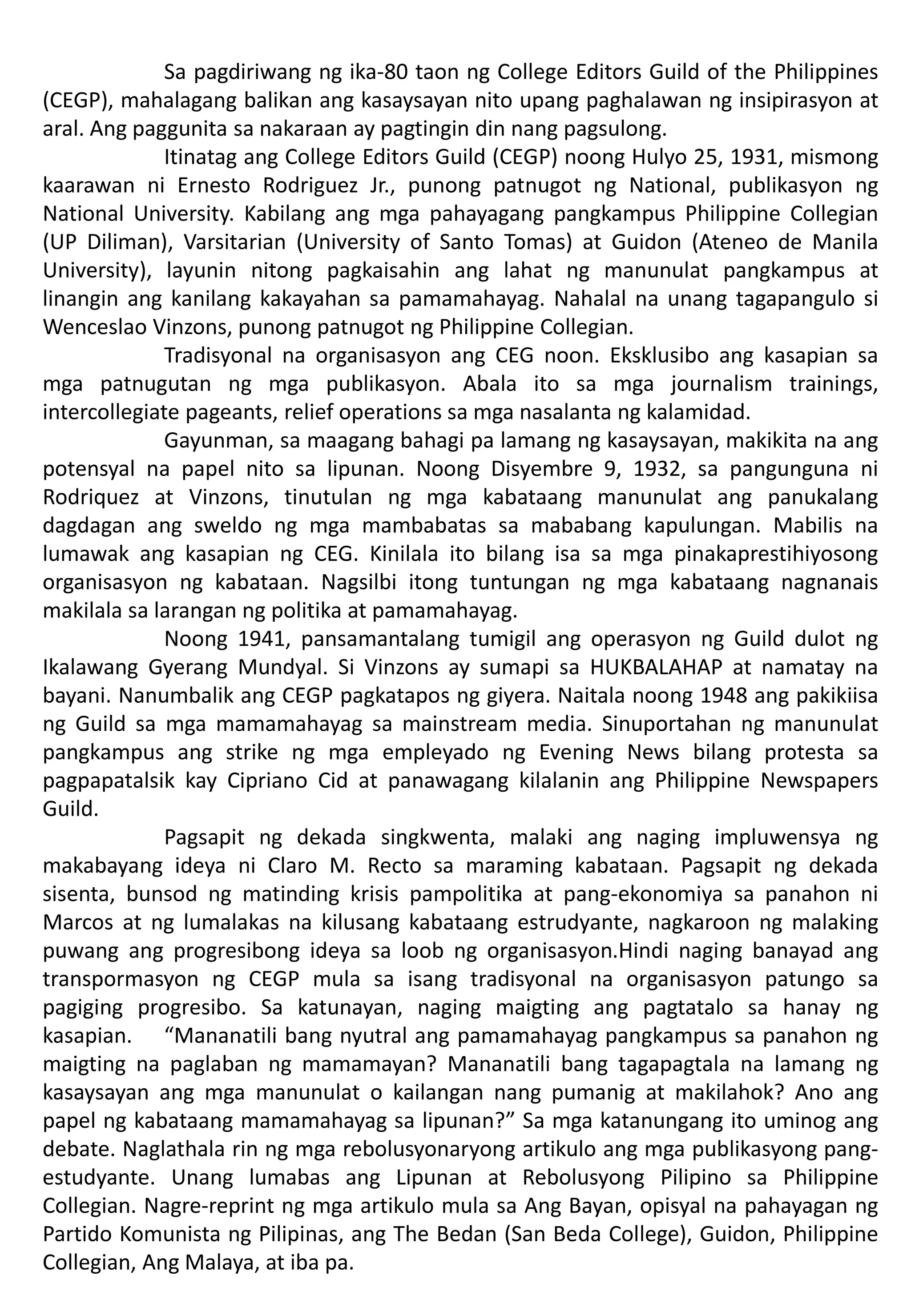 Kompletong kasaysayan ng Pahayagan at Pahayagang Pangkampus sa ...