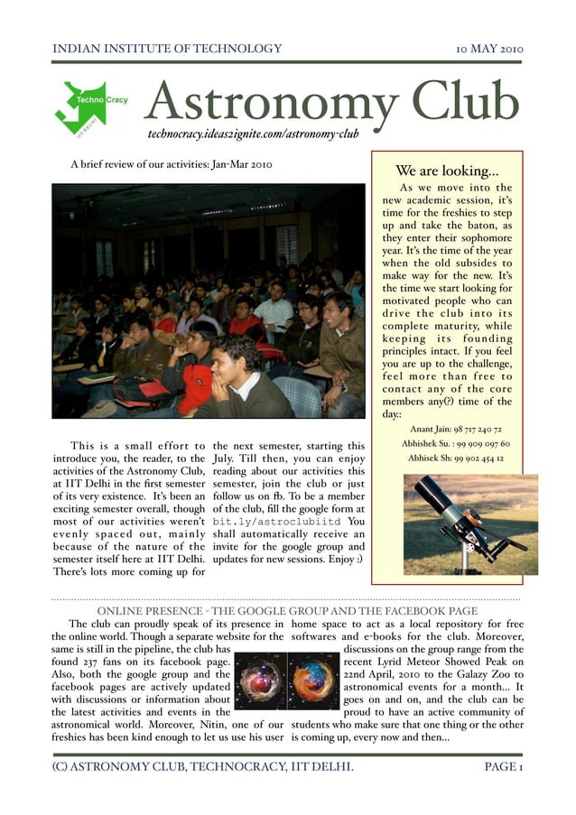 Newsletter (vol 1), Astronomy Club IIT Delhi | PDF