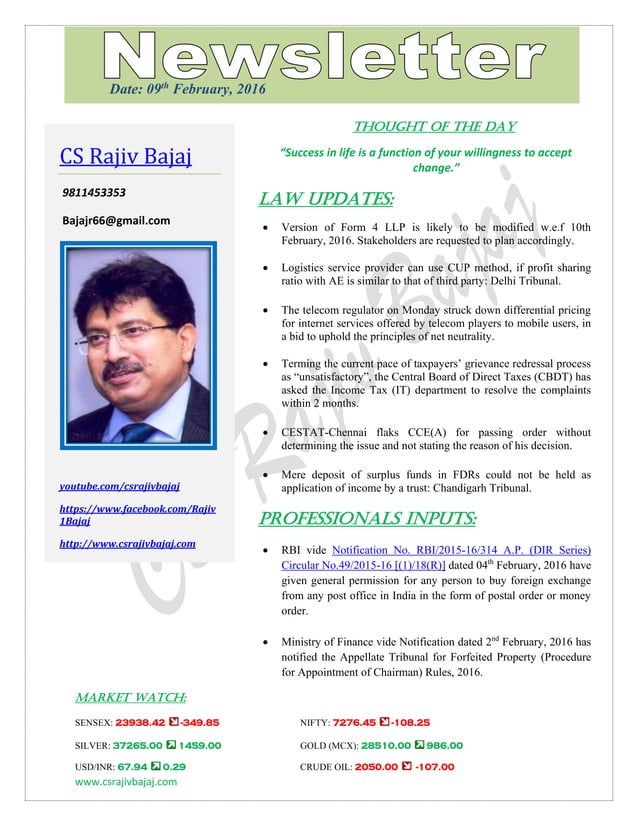 Newsletter dated 09th February, 2016 | PDF