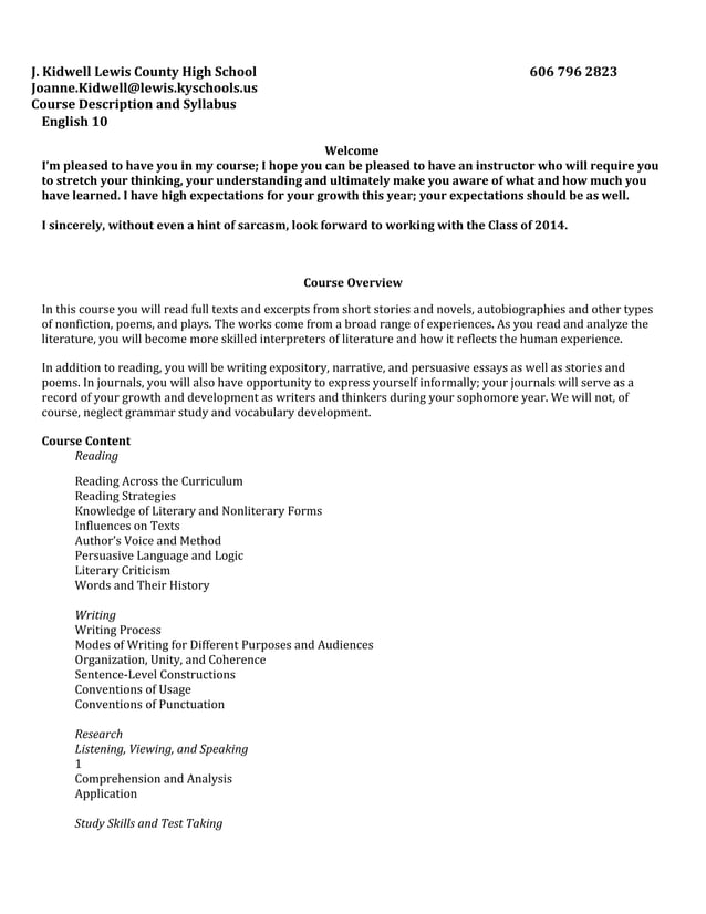 English II Syllabus | DOC | Homework and Study | Education