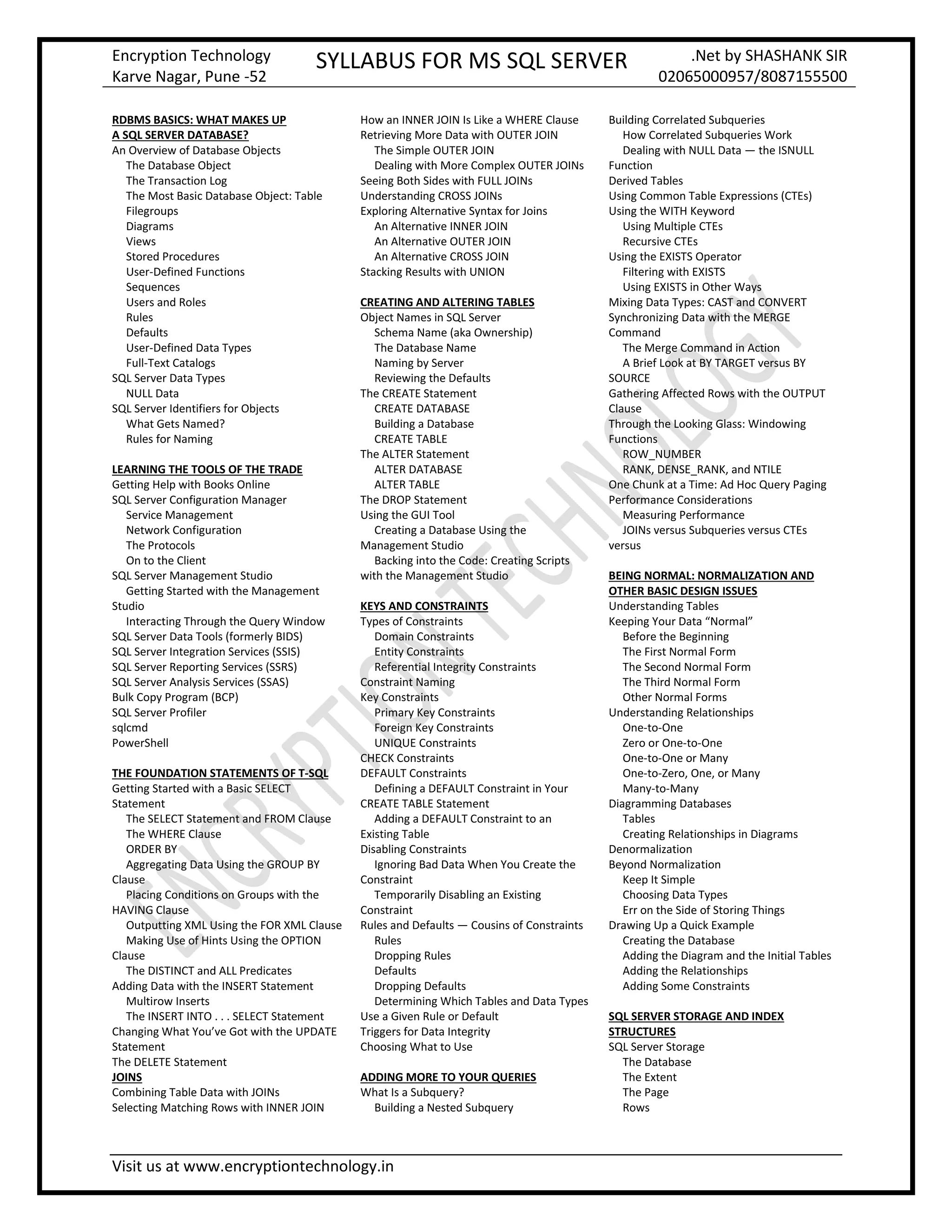 Free Sql Server Syllabus Pdf