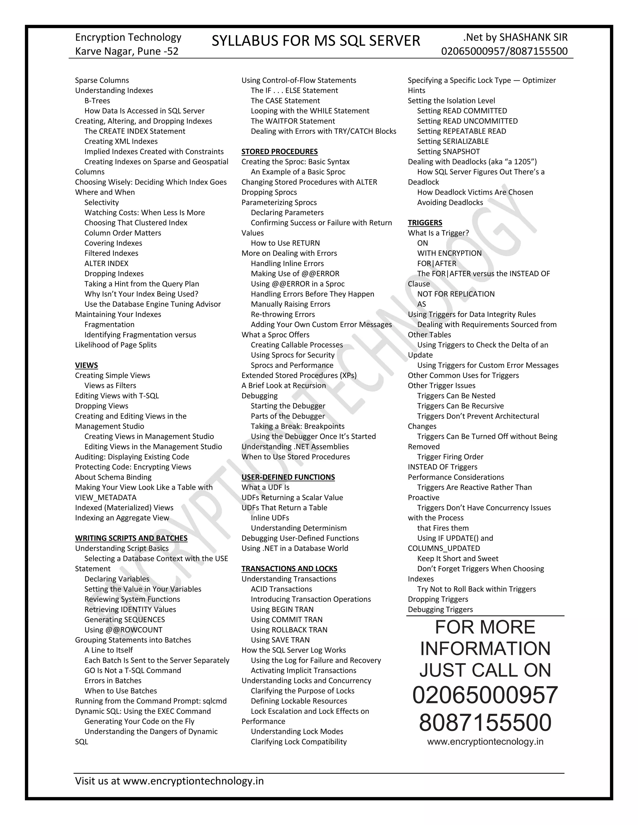 Free Sql Server Syllabus Pdf
