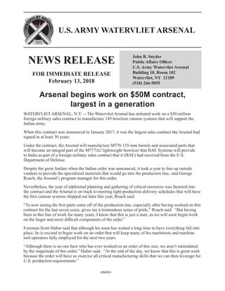 News release arsenal begins work on $50 m foreign military sales ...