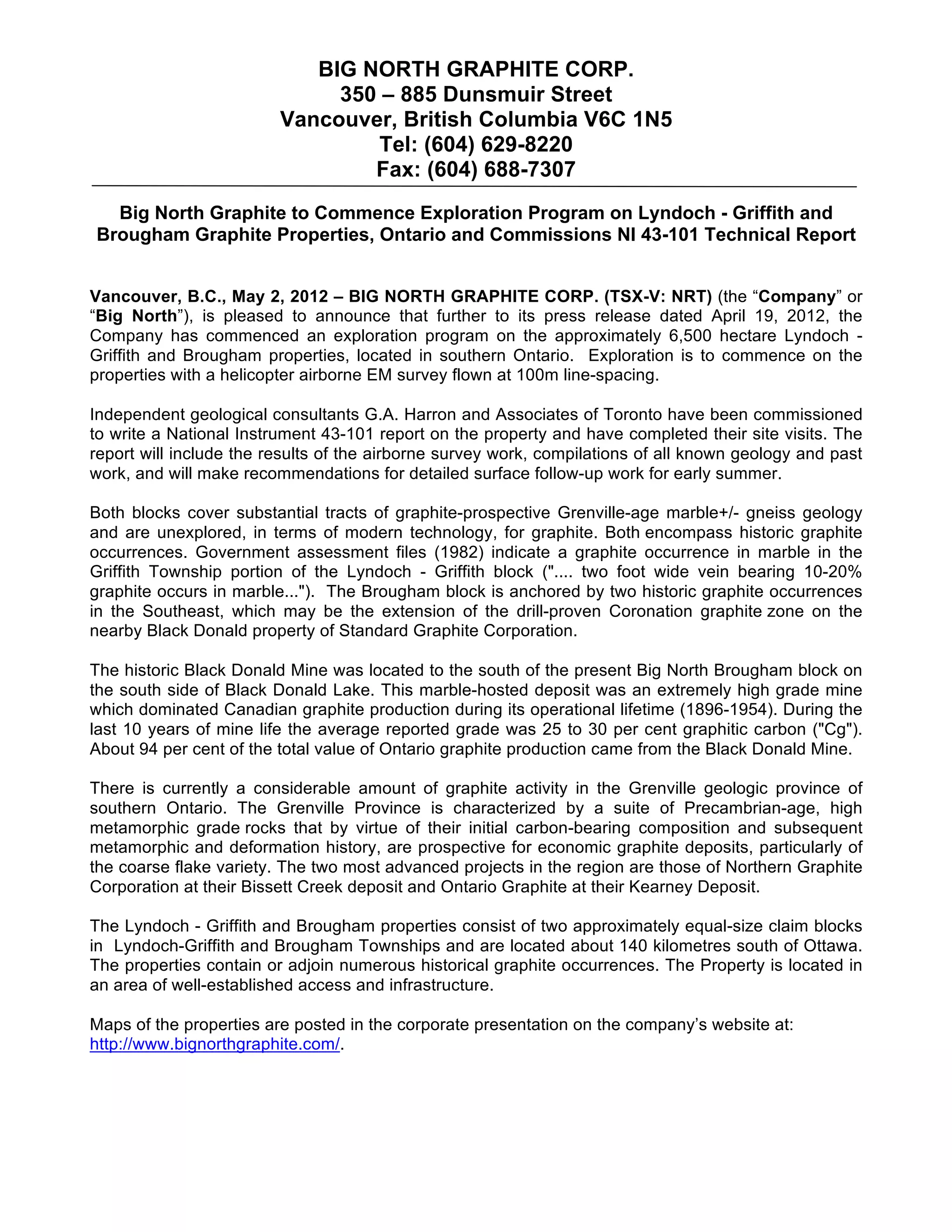 News Release: Big North Graphite to Commence Exploration Program on ...