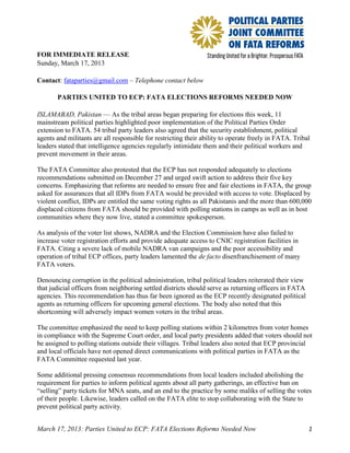 NEWS RELEASE - Parties to ECP: FATA Elections Reforms Needed Now (1 page version, March 17, 2013 ...