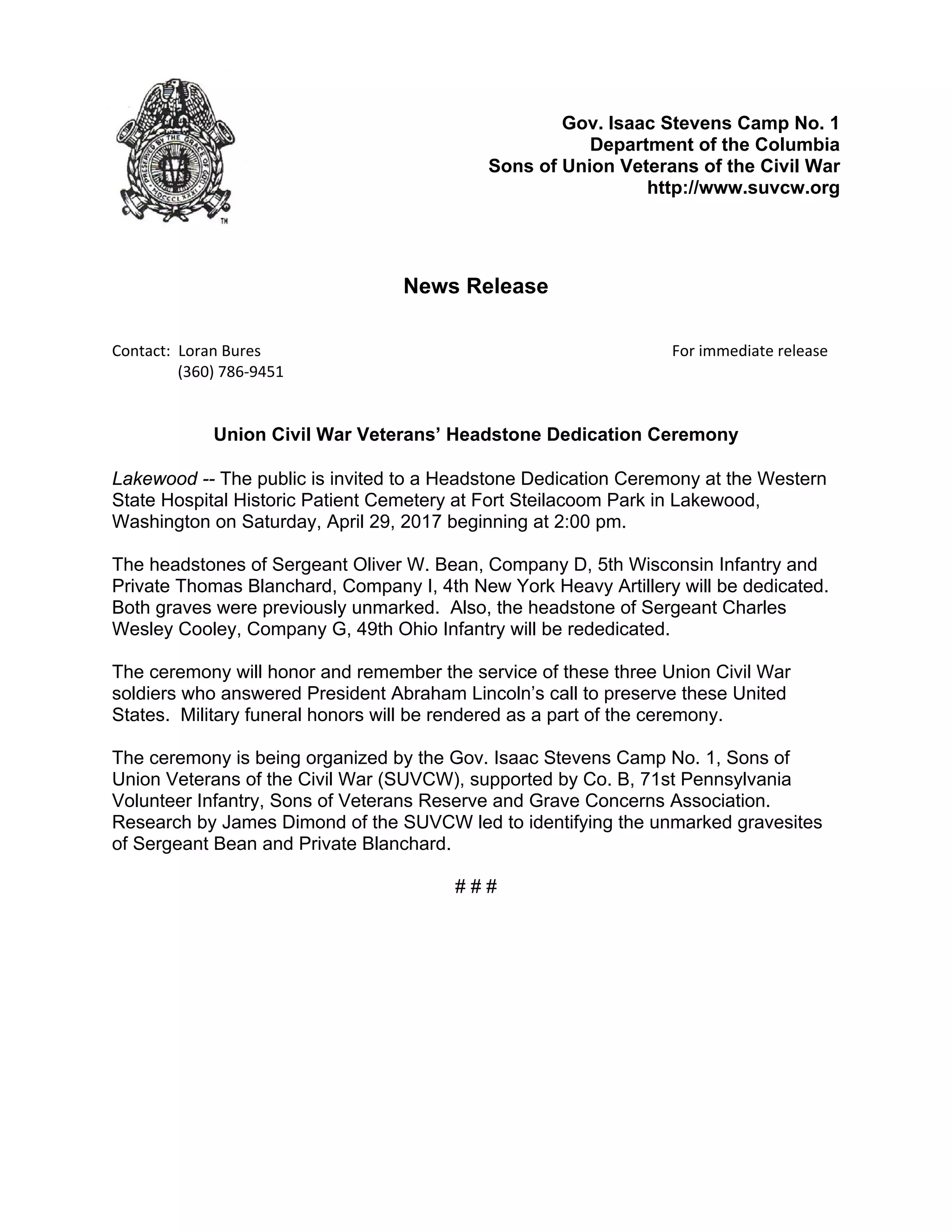News release union civil war veterans’ headstone dedication | PDF