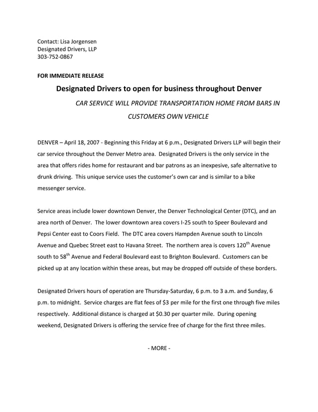News Release Example - Designated Drivers | DOCX | Road-Side Assistance ...