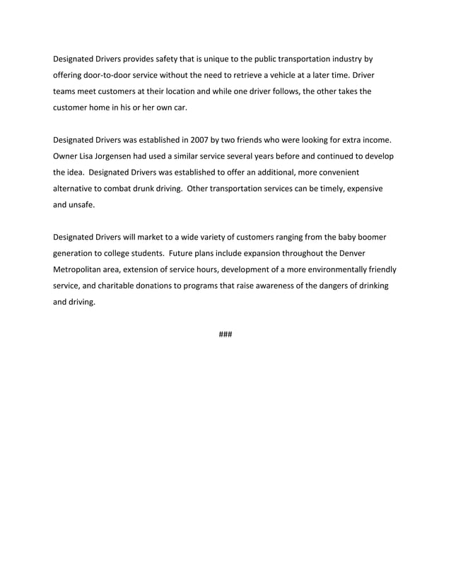 News Release Example - Designated Drivers | DOCX | Road-Side Assistance ...