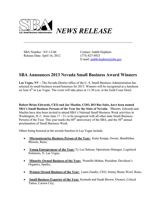News release SBA 2013 Award | PDF