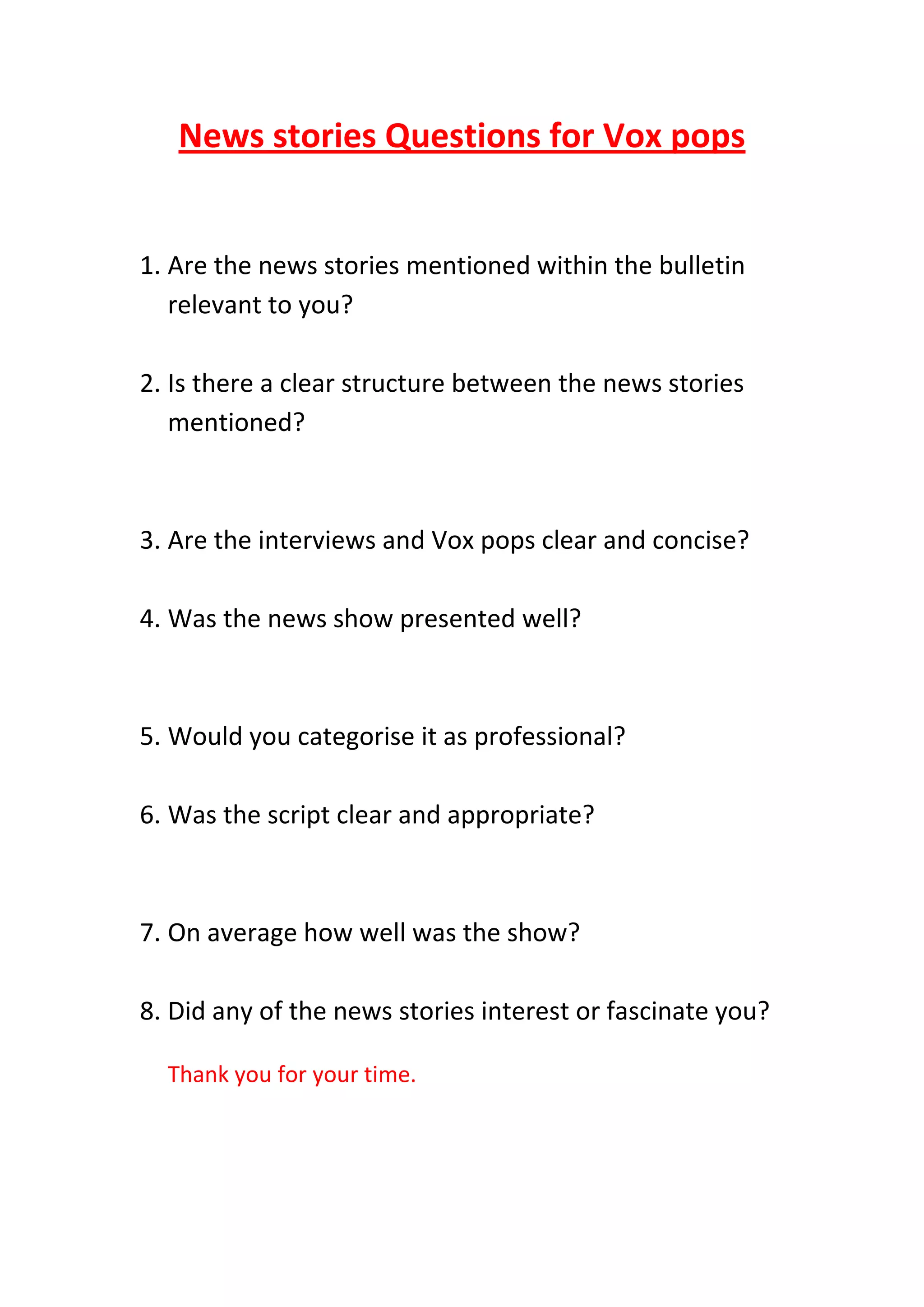 News stories questions for vox pops | DOCX