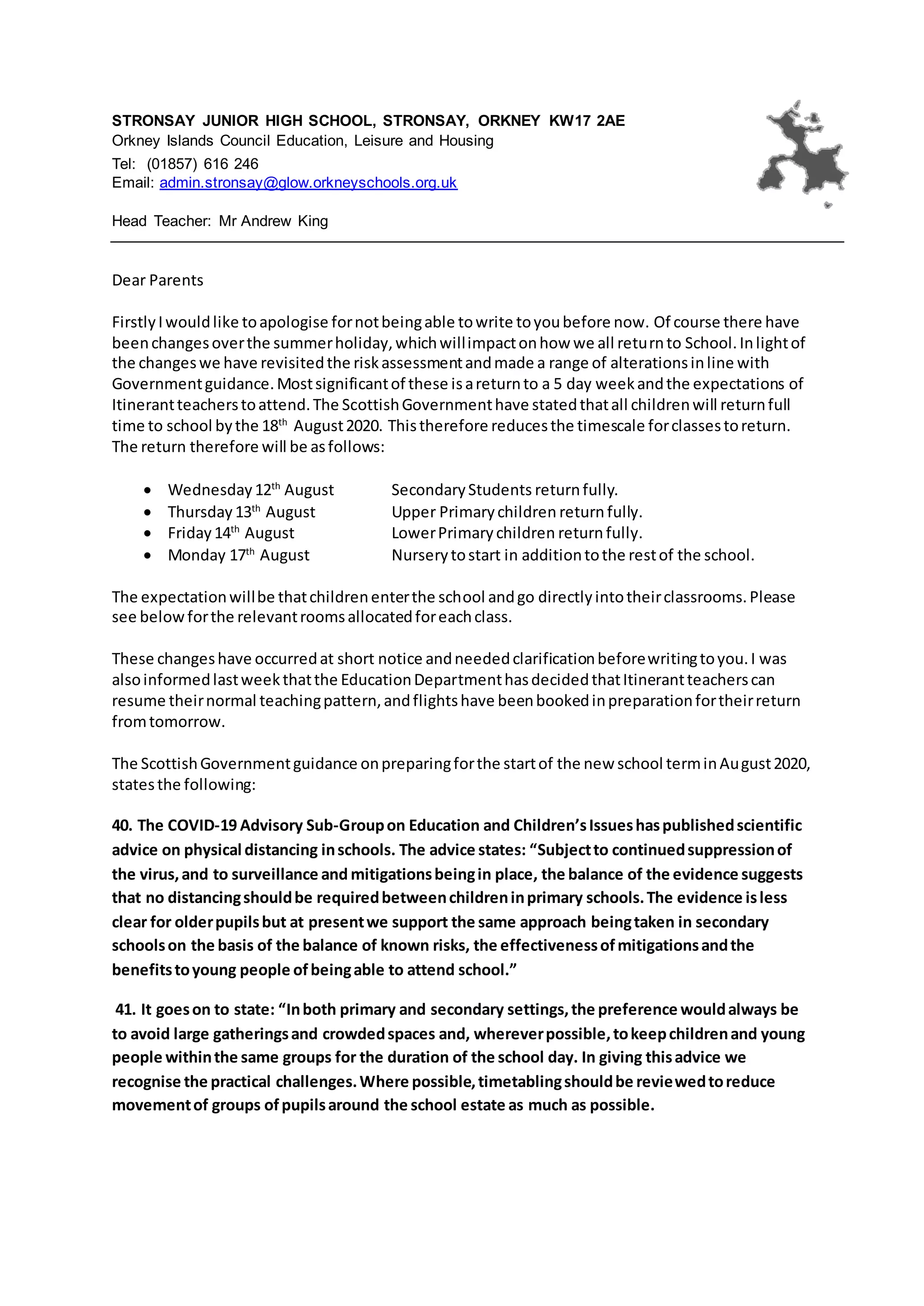 New term letter to parents advising on the restart of school. | DOC