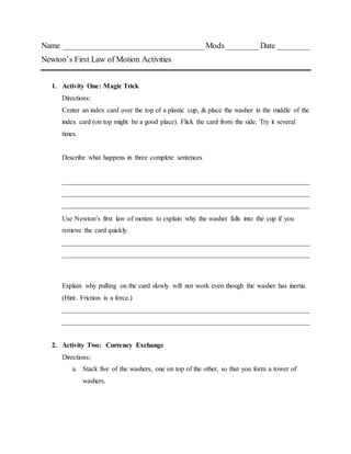 Newton's first law of motion activities | DOCX