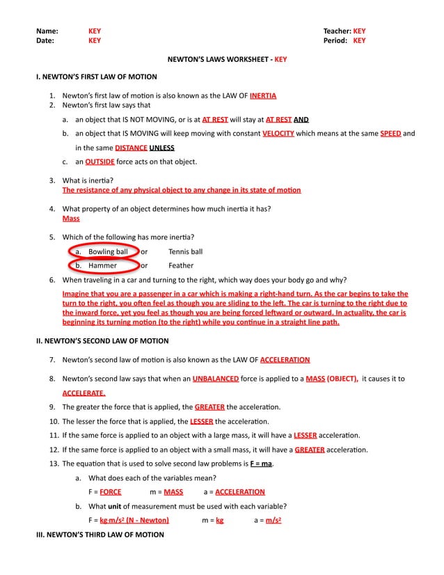 Newtons Laws Worksheet KEY.pdf | Physics | Science