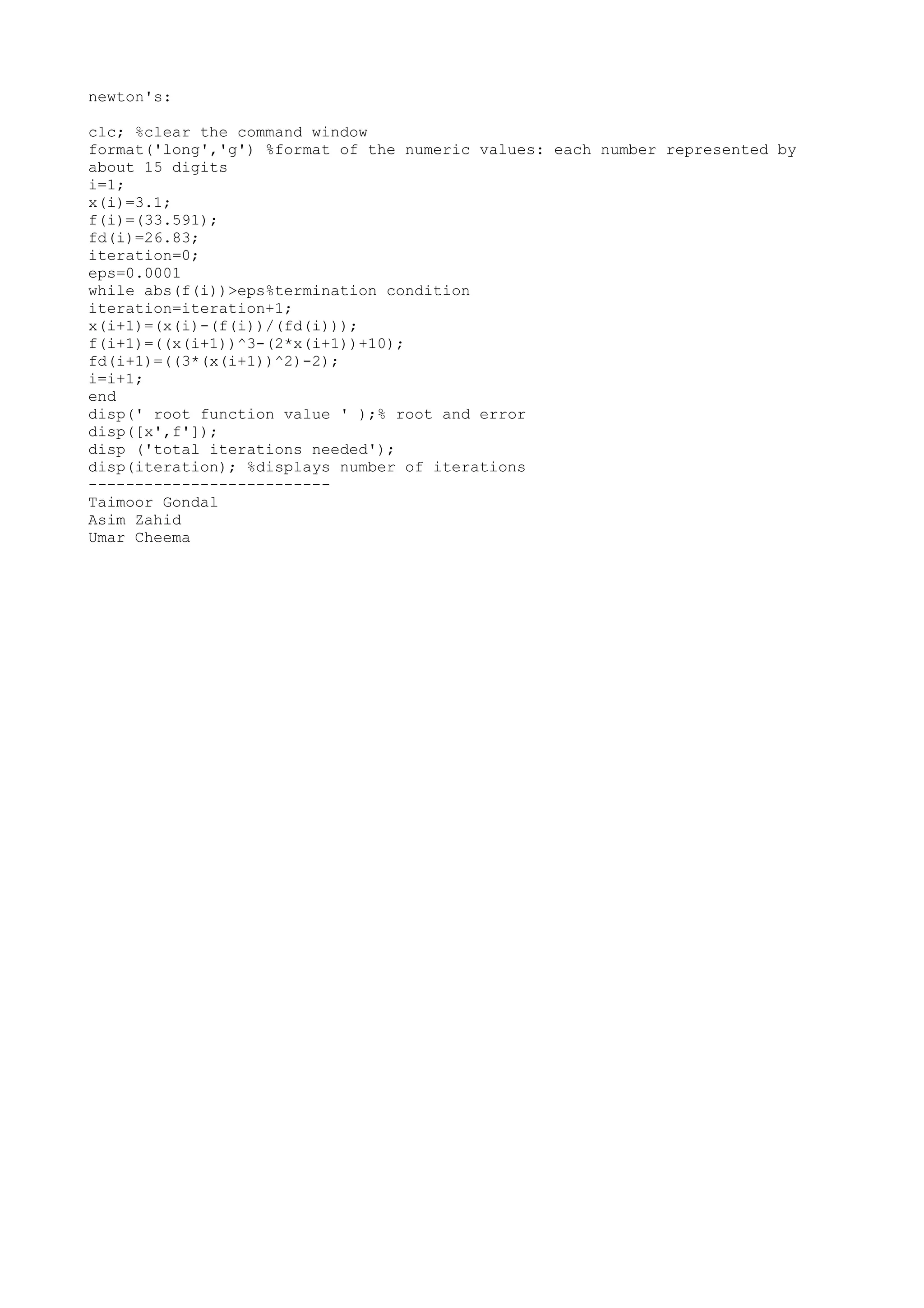 Newton's method for MATLAB Code | TXT | Physics | Science
