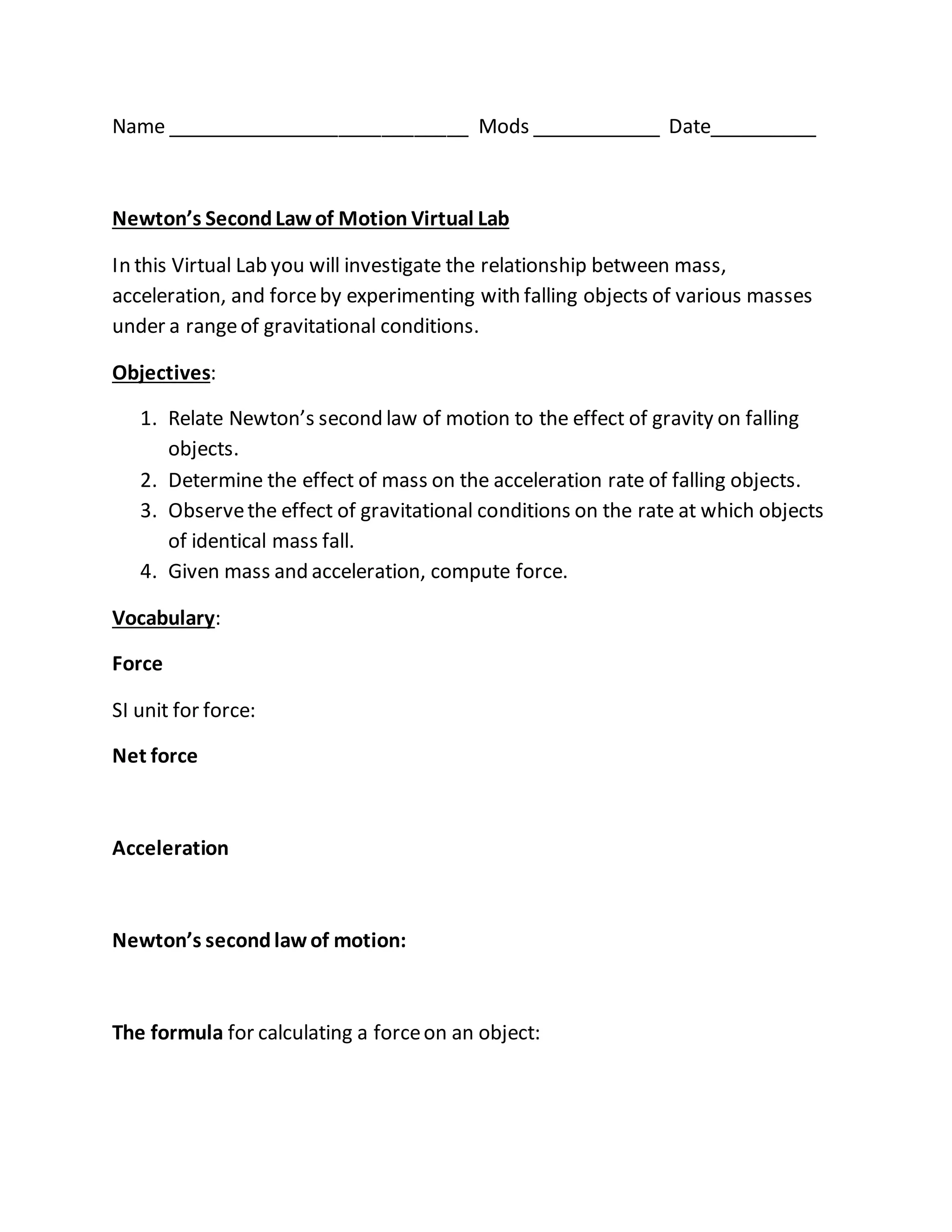 Newton's second law of motion virtual lab | DOCX