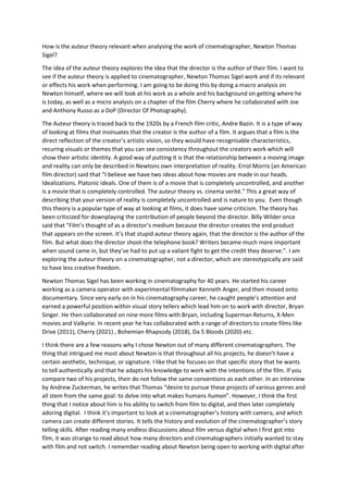 Auteur Theory & Cinematographer Newton Sigel | PDF