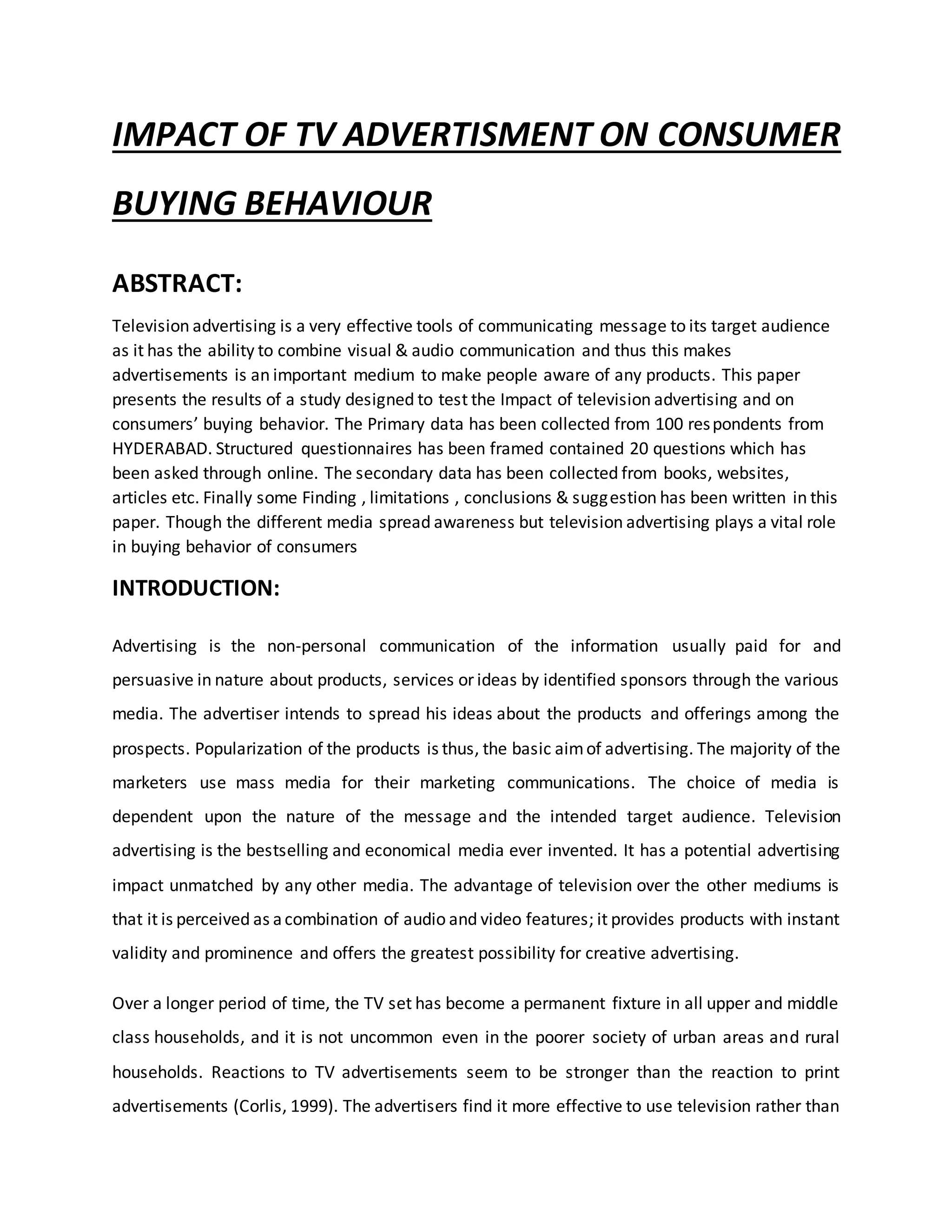 impact of tv advertisment on consumer buying behaviour | DOCX