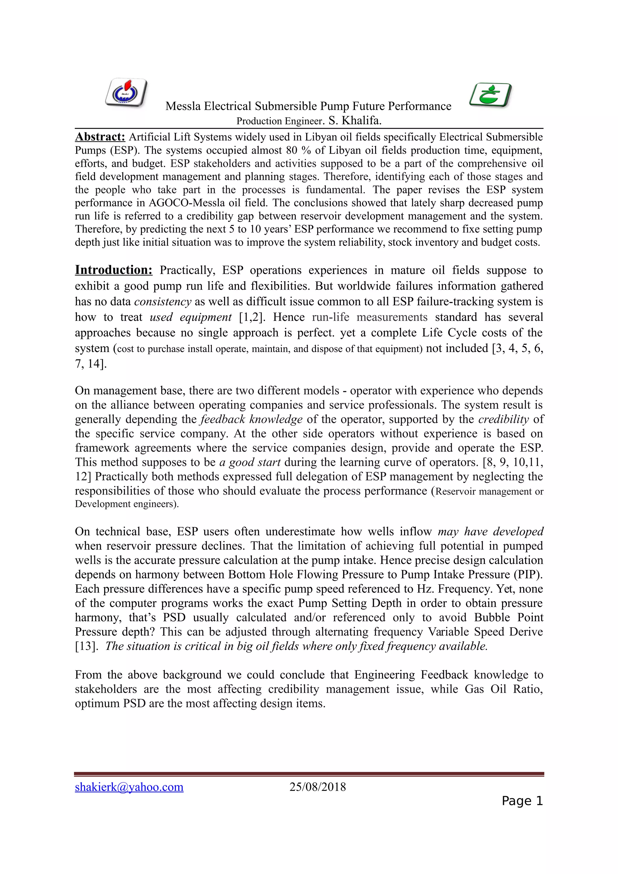 ESP in Messla Field | PDF