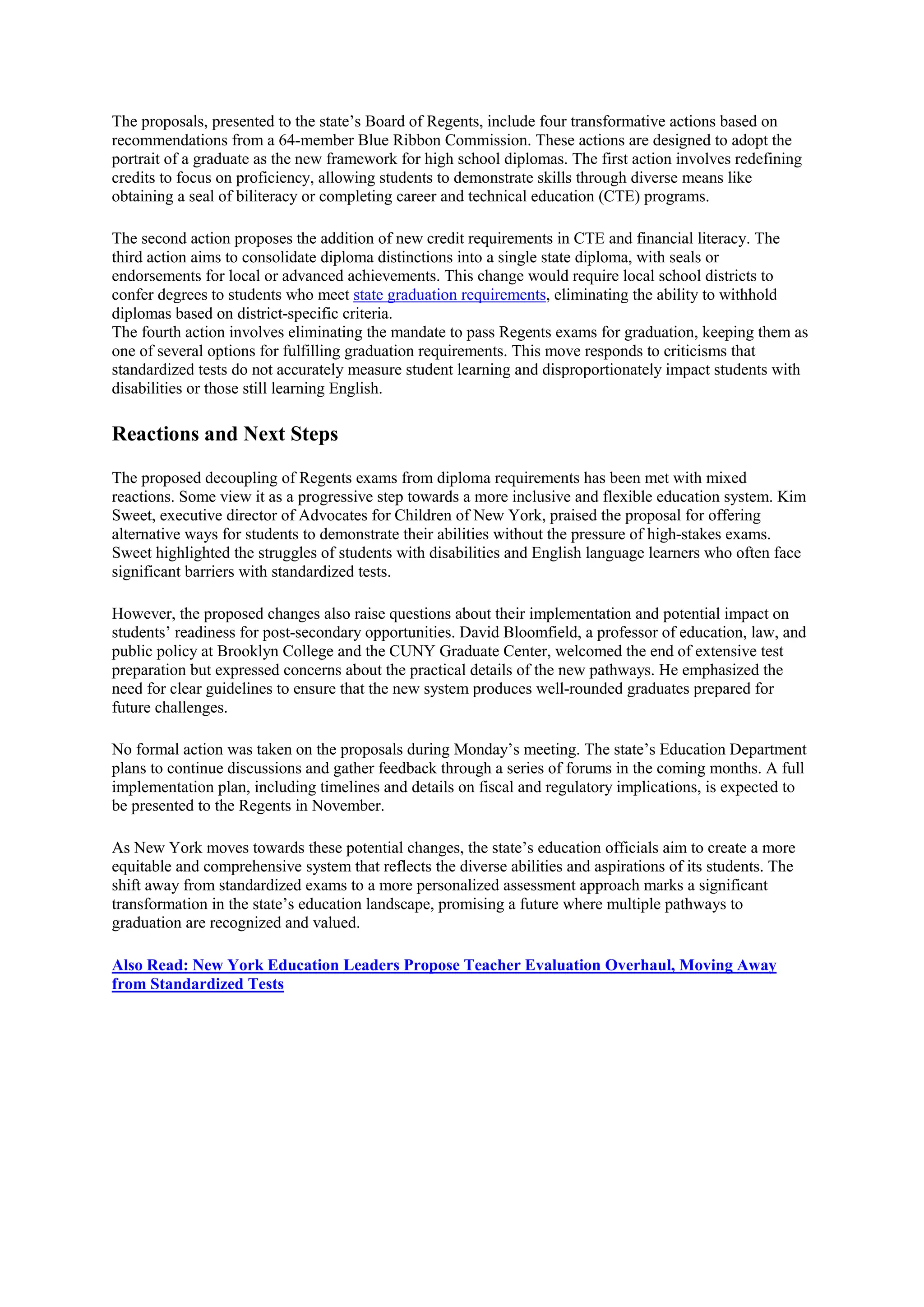 New York State Proposes Major Overhaul of High School Graduation ...