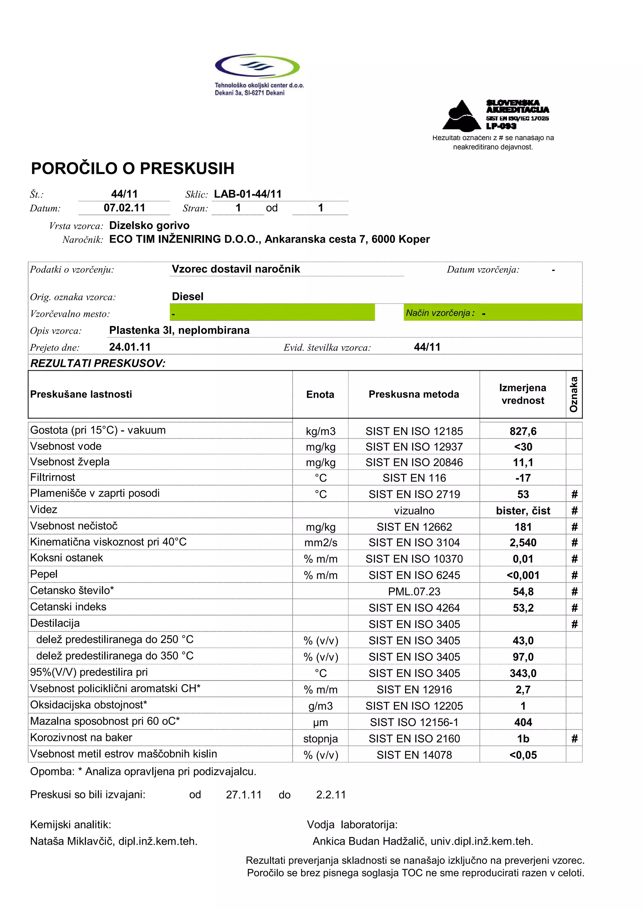 Diesel lab test specification from NexGen plant | PDF