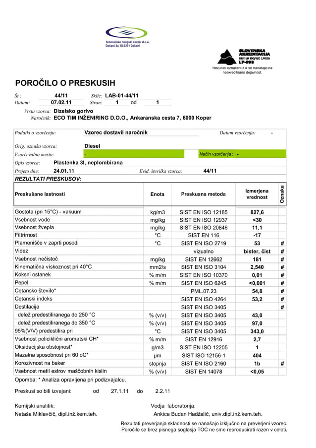 Diesel lab test specification from NexGen plant | PDF