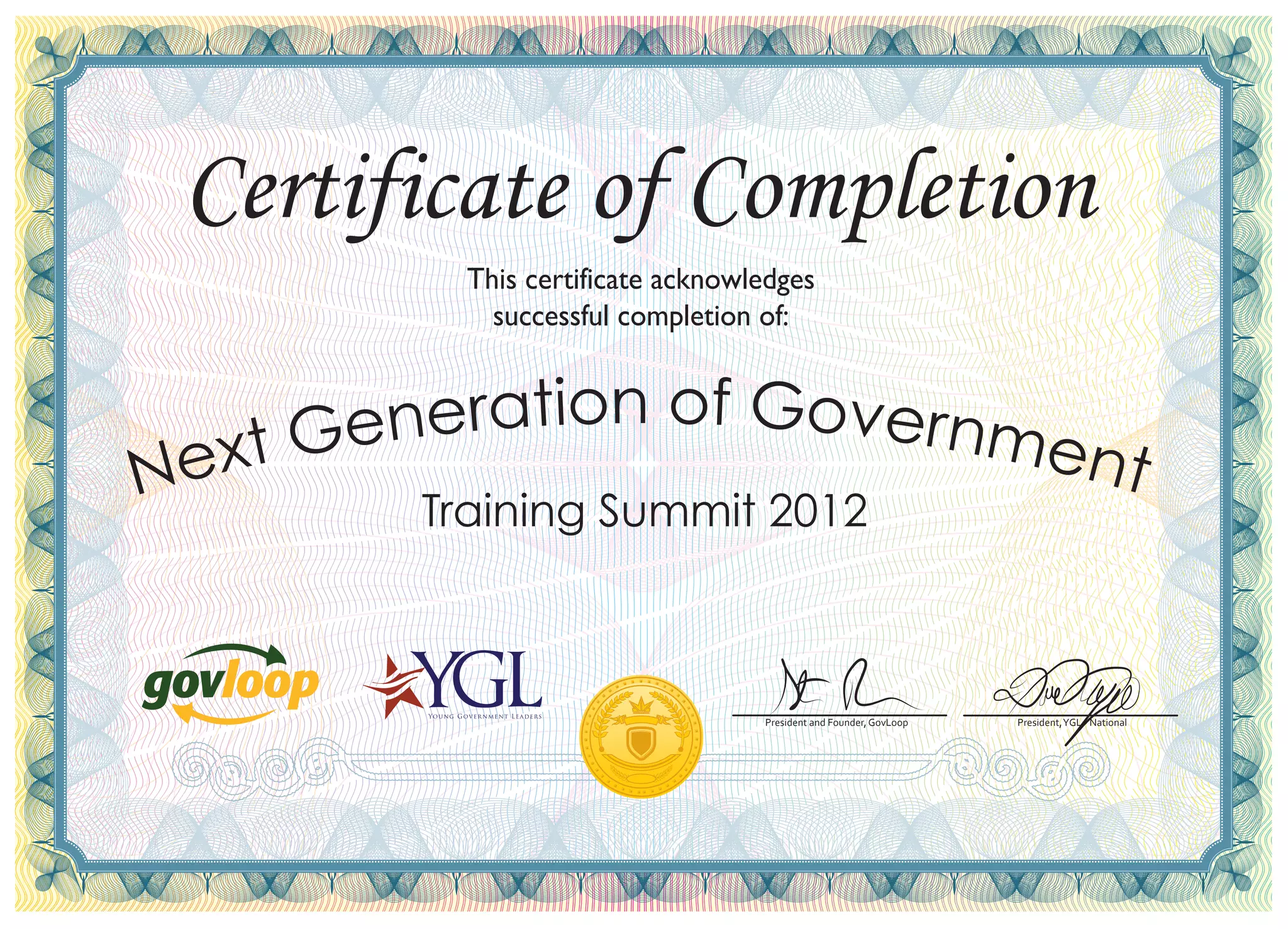 Next Generation of Government Training Summit 2012 Certificate of ...