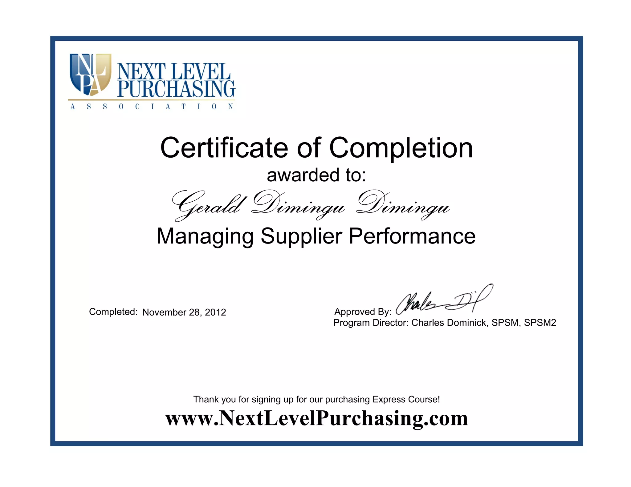 Next level managing supplier perfomance certificate | PDF