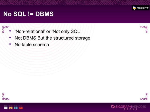 Next mmorpg architecture-siggraph_asia2010 | PPTX | Databases | Computer Software and Applications