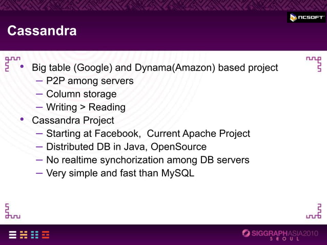 Next mmorpg architecture-siggraph_asia2010 | PPTX | Databases | Computer Software and Applications