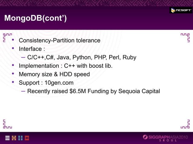 Next mmorpg architecture-siggraph_asia2010 | PPTX | Databases | Computer Software and Applications