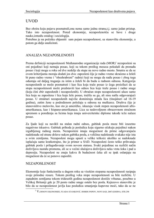 Nezaposlenost kao drustvena pojava sociologija | DOC