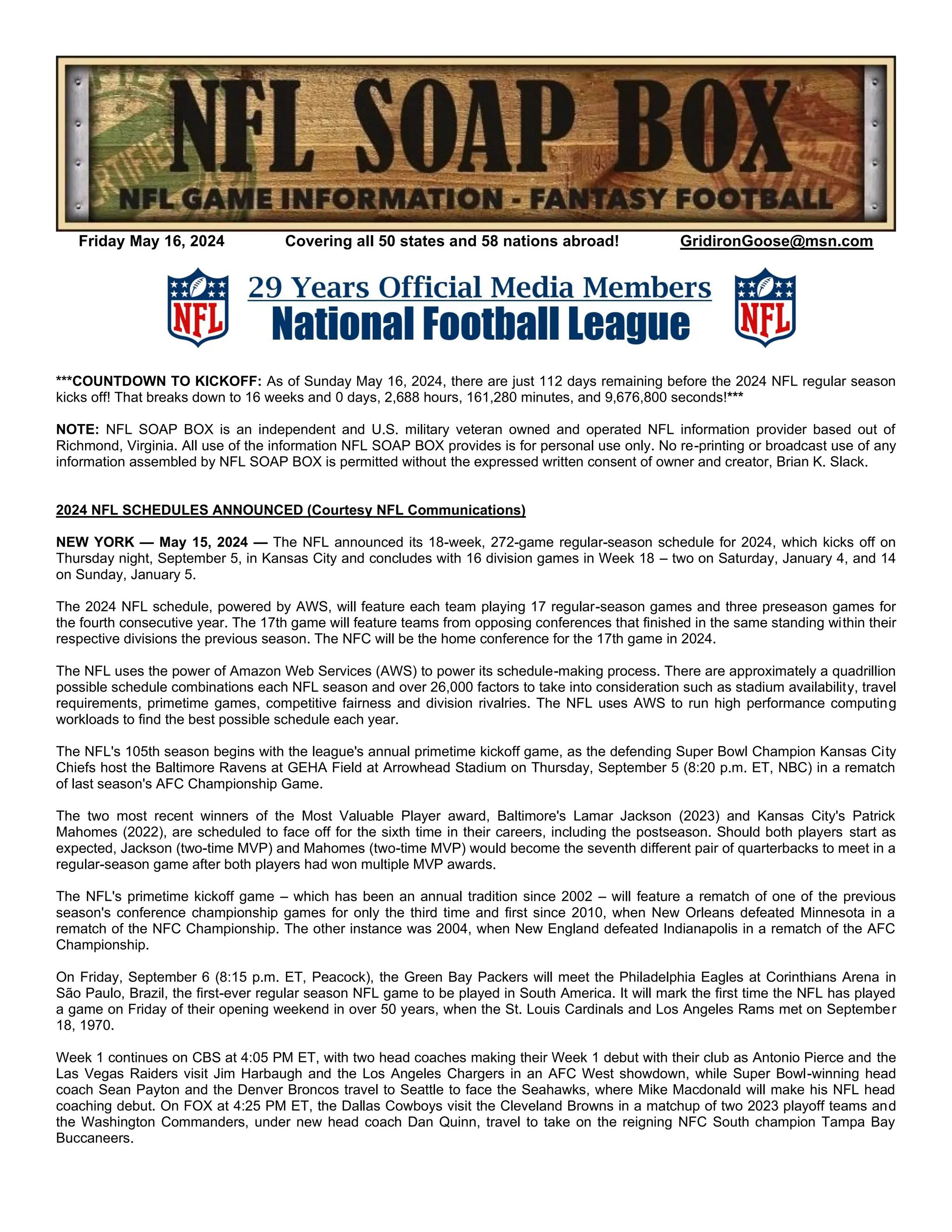 NFL SOAP BOX WEEKLY REPORTS- 2024 NFL Schedules | PDF