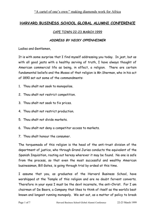 Nicky Oppenheimer's speech to the Harvard Alumni in Cape Town March 1999 | DOC