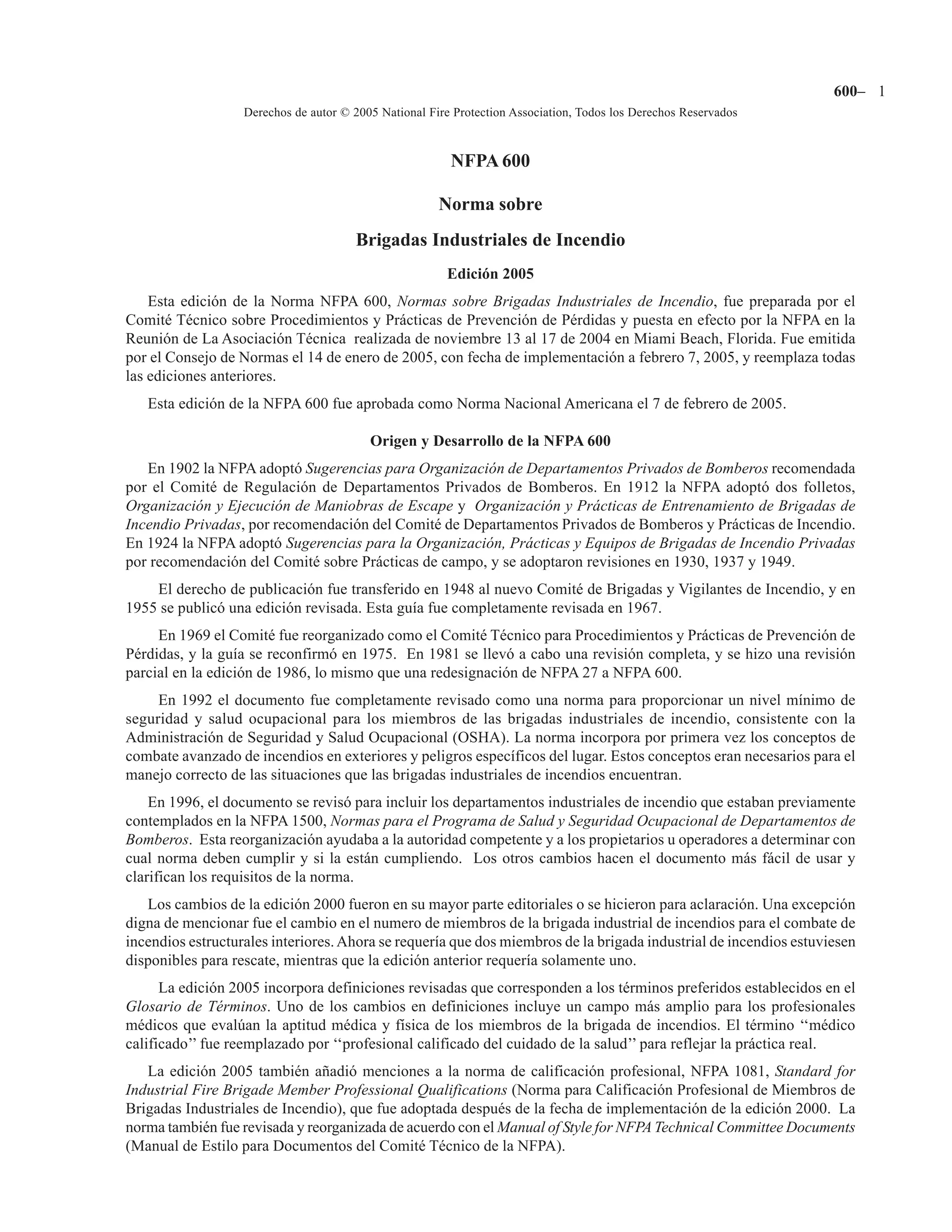 Nfpa 600 standard on industrial fire brigades - 2005 edition espanol | PDF