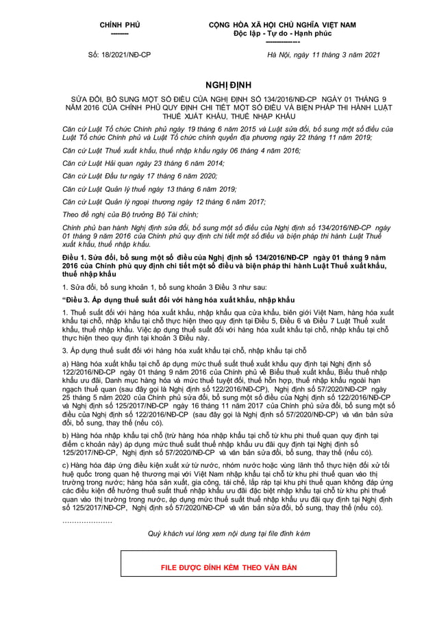 Nghị định số 18/2021/NĐ-CP - HƯỚNG DẪN LUẬT THUẾ XNK | PDF