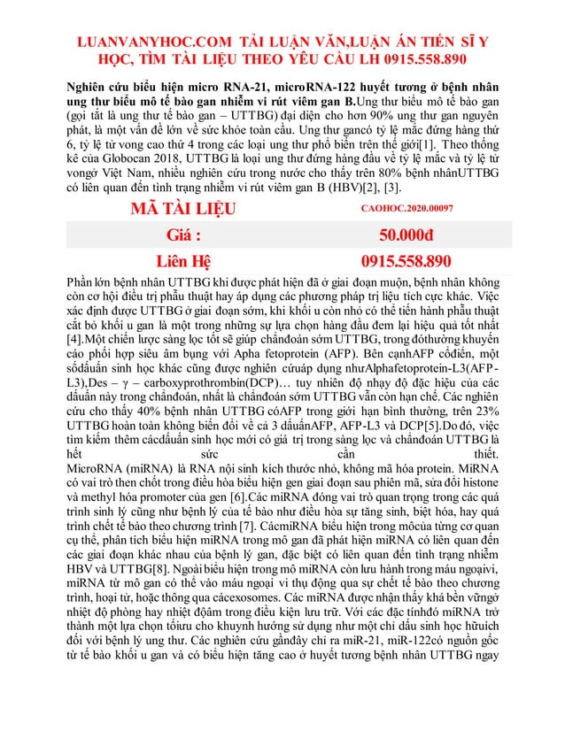 Nghien cuu bieu hien micro rna 21, microrna-122 huyet tuong o benh nhan ung thu bieu mo te bao ...