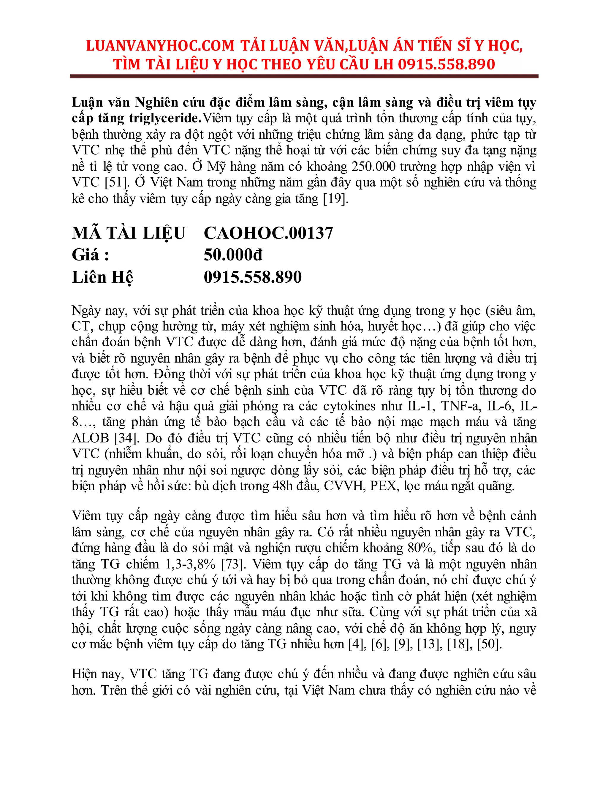 Nghien cuu dac diem lam sang, can lam sang va dieu tri viem tuy cap tang triglyceride | DOCX