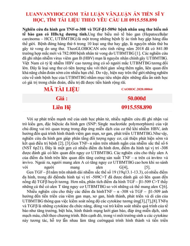 Nghien cuu da hinh gen tnf 308 va tgf-509o benh nhan ung thu bieu mo | PDF
