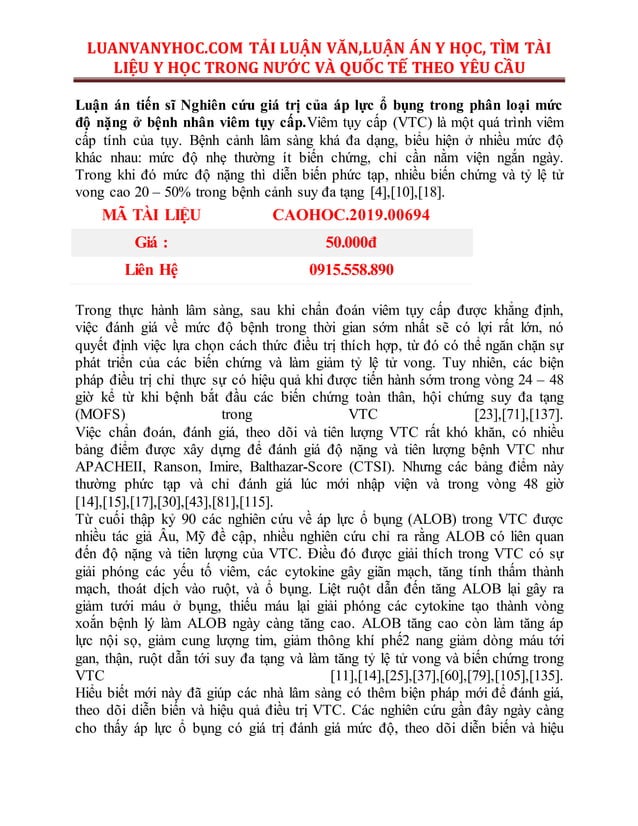 Nghien cuu gia tri cua ap luc o bung trong phan loai muc do nang o benh nhan viem tuy cap | PDF