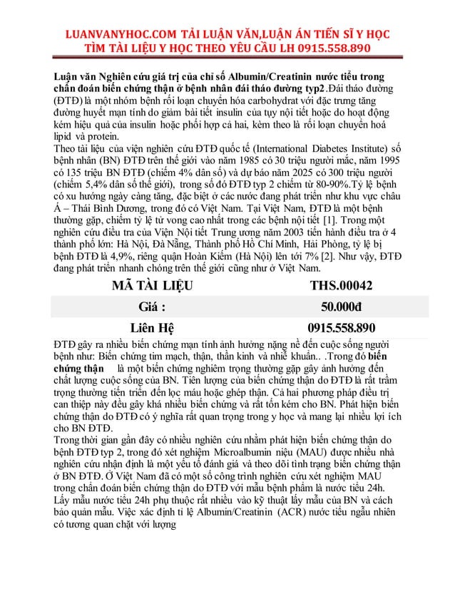 Nghien cuu gia tri cua chi so albumin creatinin nuoc tieu trong chan doan bien chung than | PDF