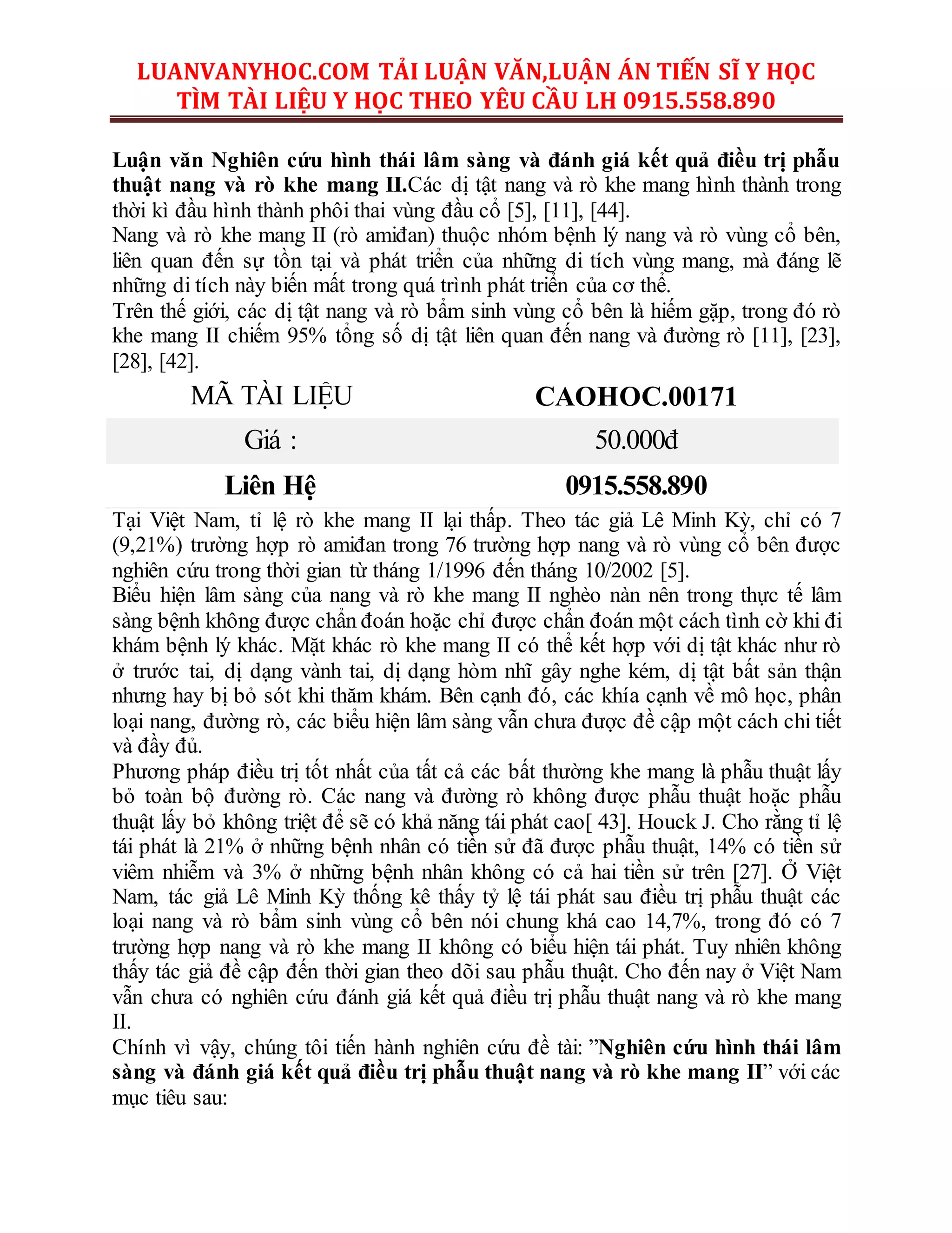 Nghien cuu hinh thai lam sang va danh gia ket qua dieu tri phau thuat nang va ro khe mangii | DOCX