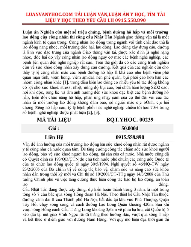 Nghien cuu mot so trieu chung, benh duong ho hap va moi truong lao dong cua cong nhan thi cong ...