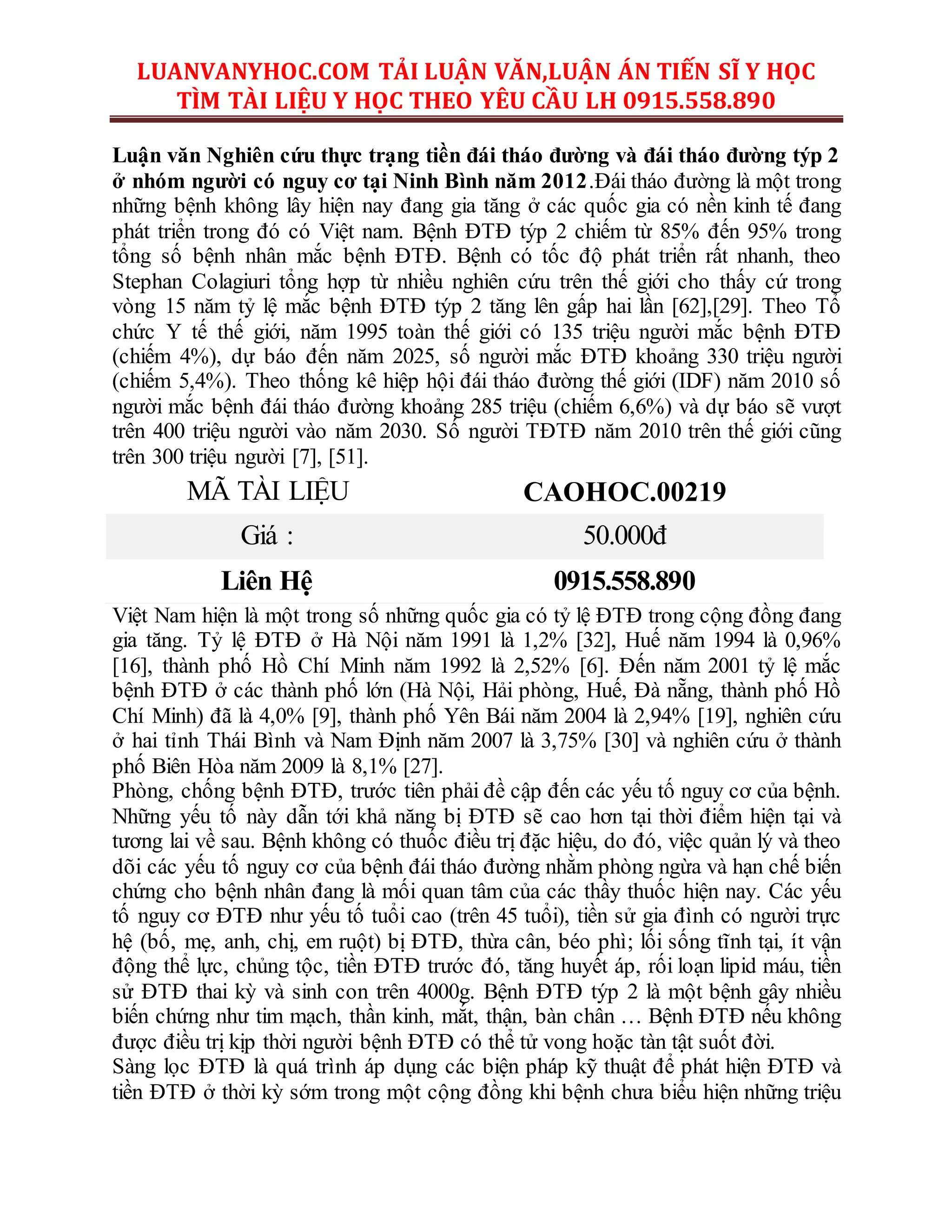 Nghien cuu thuc trang tien dai thao duong va dai thao duong typ 2 o nhom nguoi co nguy co | DOCX