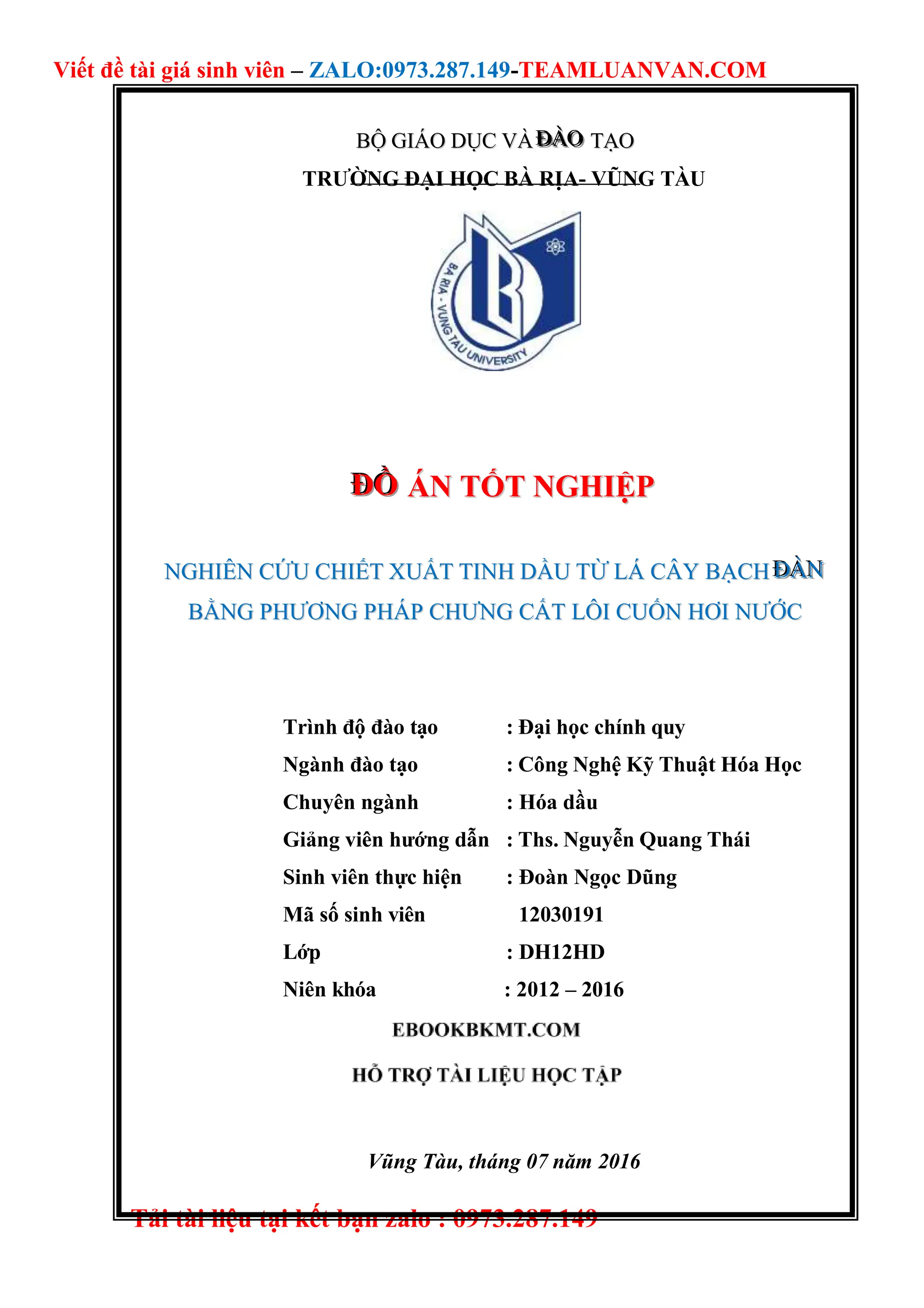 Nghiên cứu chiết xuất tinh dầu từ lá cây bạch đàn bằng phương pháp chưng cất lôi cuốn hơi nước.docx