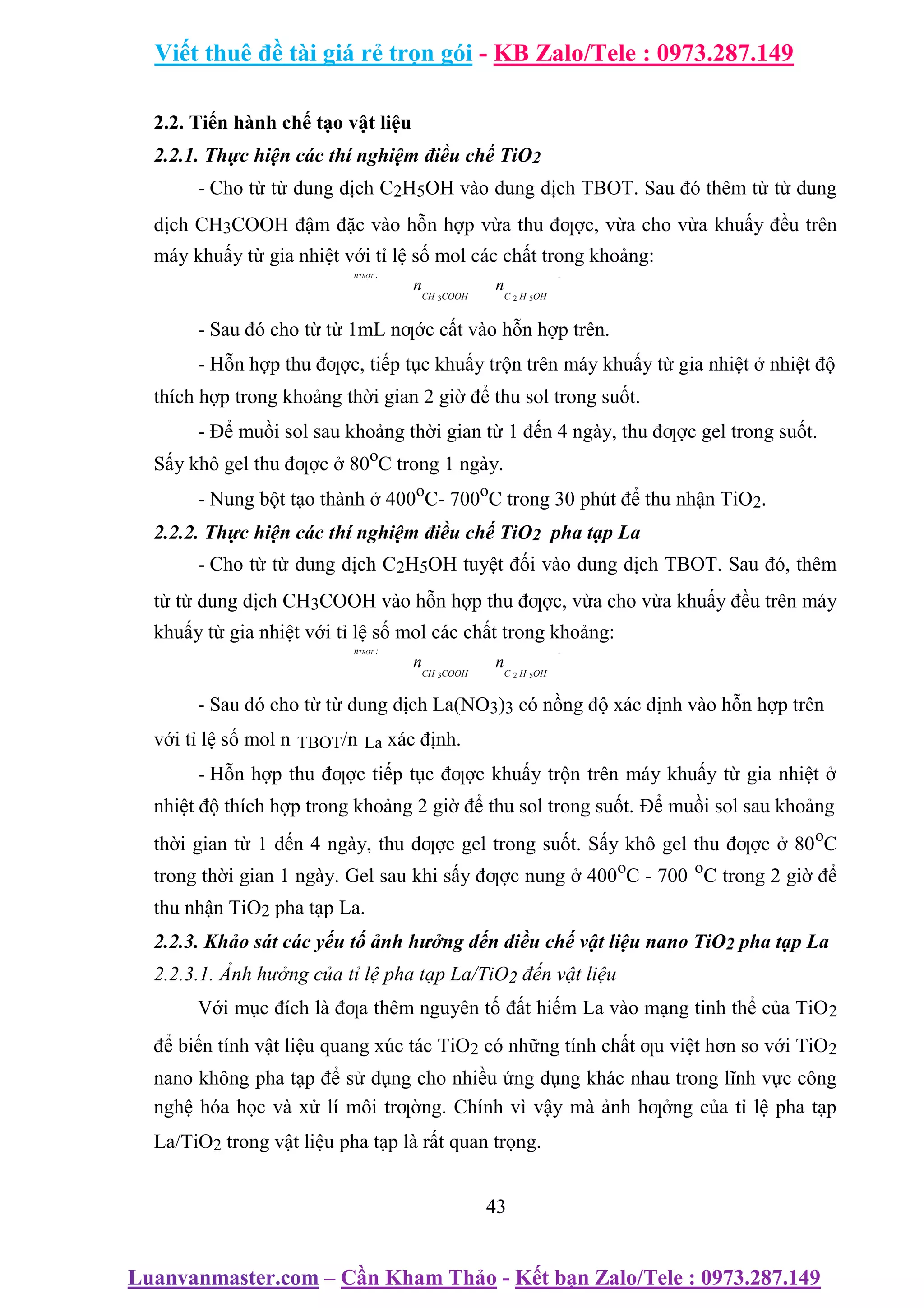 Nghiên cứu điều chế vật liệu nano TiO2 pha tạp La và thử hoạt tính quang xúc tác.doc