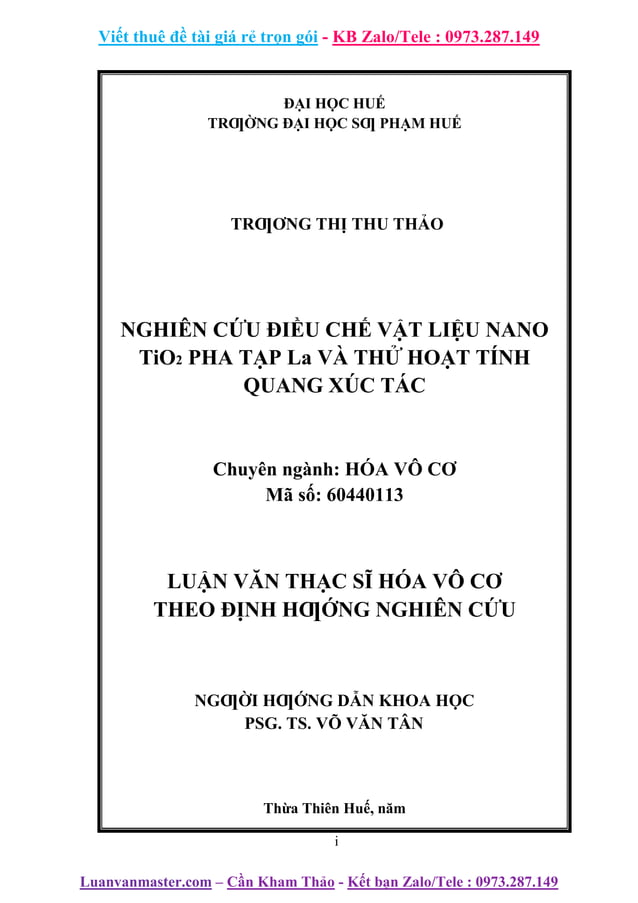 Nghiên cứu điều chế vật liệu nano TiO2 pha tạp La và thử hoạt tính quang xúc tác.doc